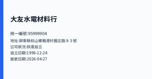大友水電材料行的照片-統編 95999904(屏東縣) 公司登記資料與營業項目詳細圖表