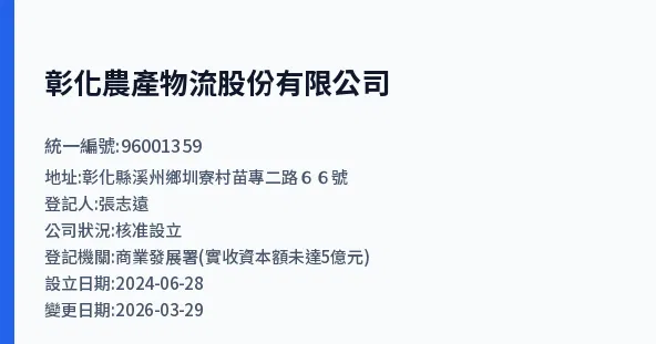 彰化農產物流股份有限公司的照片-統編 96001359(彰化縣) 公司登記資料與營業項目詳細圖表