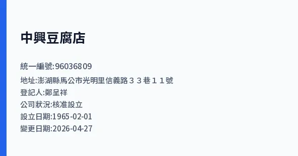 中興豆腐店的照片-統編 96036809(澎湖縣) 公司登記資料與營業項目詳細圖表