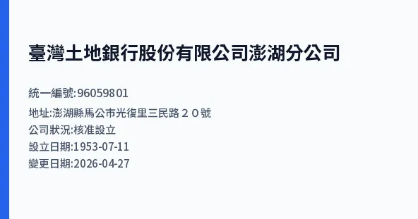 臺灣土地銀行股份有限公司澎湖分公司的照片-統編 96059801(澎湖縣) 公司登記資料與營業項目詳細圖表
