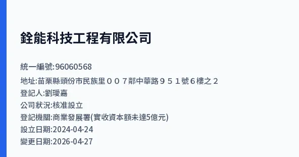銓能科技工程有限公司的照片-統編 96060568(苗栗縣) 公司登記資料與營業項目詳細圖表