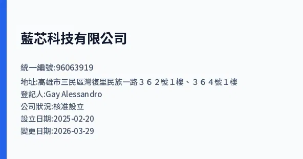 藍芯科技有限公司的照片-統編 96063919(高雄市) 公司登記資料與營業項目詳細圖表