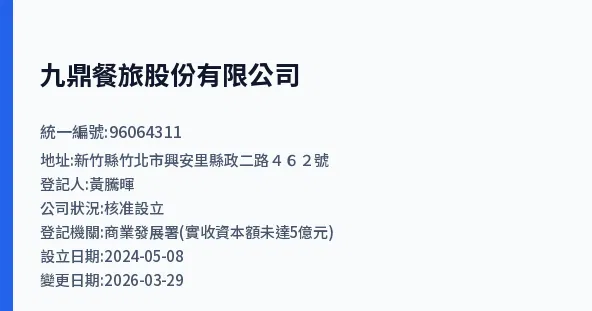 九鼎餐旅股份有限公司的照片-統編 96064311(新竹縣) 公司登記資料與營業項目詳細圖表