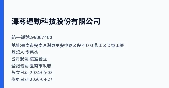 澤尊運動科技股份有限公司的照片-統編 96067400(臺南市) 公司登記資料與營業項目詳細圖表