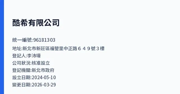 酷希有限公司的照片-統編 96181303(新北市) 公司登記資料與營業項目詳細圖表