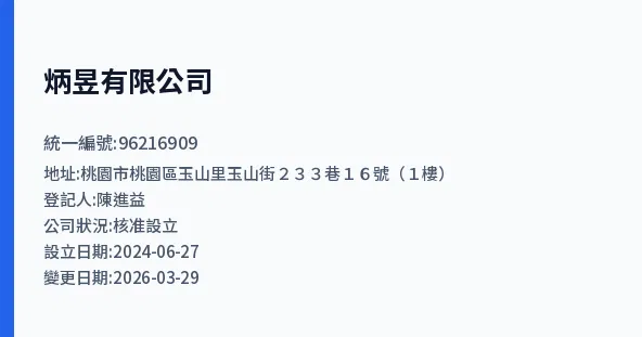 炳昱有限公司的照片-統編 96216909(桃園市) 公司登記資料與營業項目詳細圖表