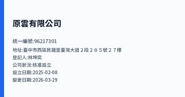 原雲有限公司的照片-統編 96217301(臺中市) 公司登記資料與營業項目詳細圖表