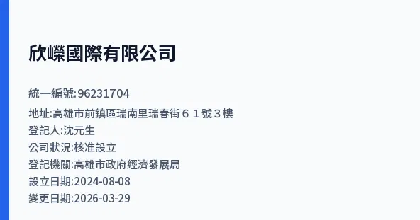 欣嶸國際有限公司的照片-統編 96231704(高雄市) 公司登記資料與營業項目詳細圖表