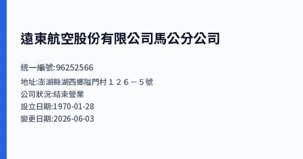 遠東航空股份有限公司馬公分公司的照片-統編 96252566(澎湖縣) 公司登記資料與營業項目詳細圖表