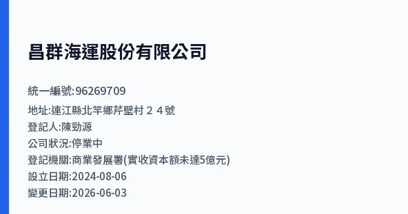 昌群海運股份有限公司的照片-統編 96269709(連江縣) 公司登記資料與營業項目詳細圖表