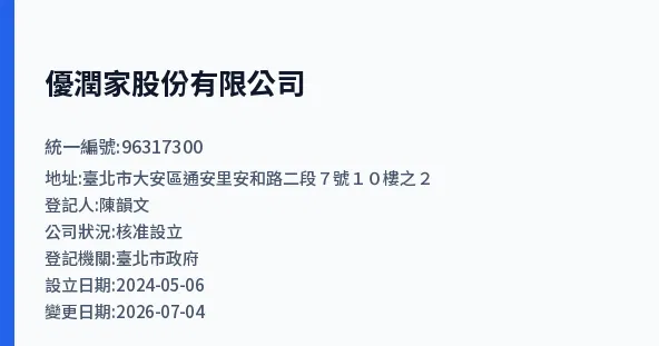 優潤家股份有限公司的照片-統編 96317300(臺北市) 公司登記資料與營業項目詳細圖表