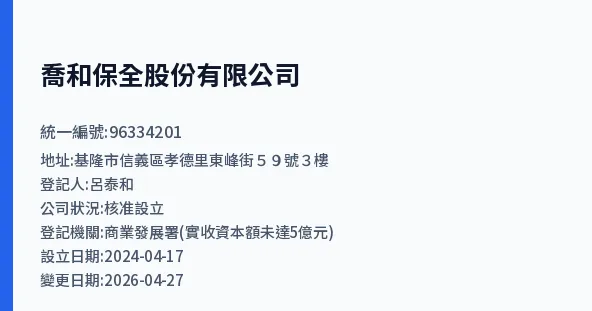 喬和保全股份有限公司的照片-統編 96334201(基隆市) 公司登記資料與營業項目詳細圖表