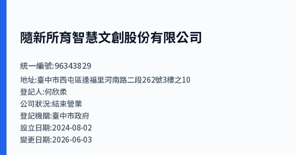 隨新所育智慧文創股份有限公司的照片-統編 96343829(臺中市) 公司登記資料與營業項目詳細圖表