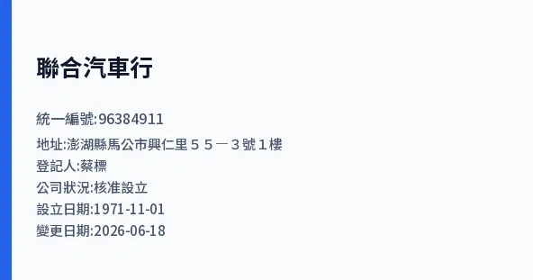 聯合汽車行的照片-統編 96384911(澎湖縣) 公司登記資料與營業項目詳細圖表