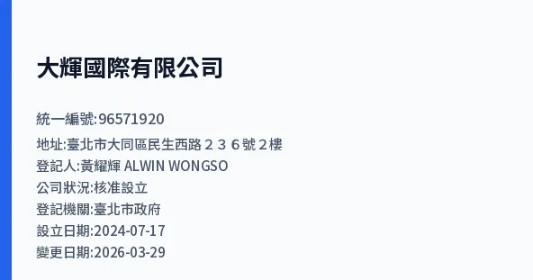 大輝國際有限公司的照片-統編 96571920(臺北市) 公司登記資料與營業項目詳細圖表