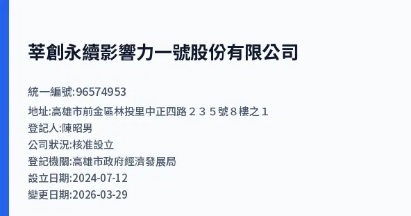 莘創永續影響力一號股份有限公司的照片-統編 96574953(高雄市) 公司登記資料與營業項目詳細圖表