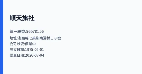 順天旅社的照片-統編 96578156(澎湖縣) 公司登記資料與營業項目詳細圖表