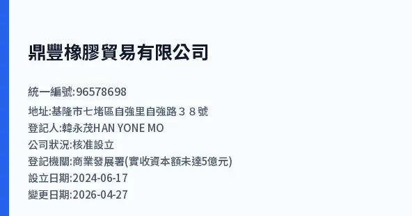 鼎豐橡膠貿易有限公司的照片-統編 96578698(基隆市) 公司登記資料與營業項目詳細圖表