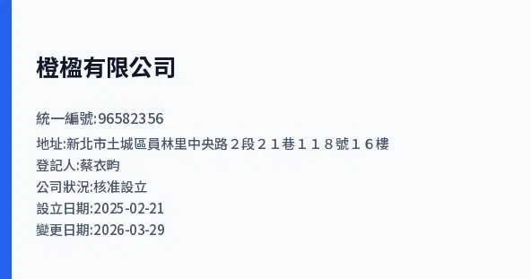 橙楹有限公司的照片-統編 96582356(新北市) 公司登記資料與營業項目詳細圖表