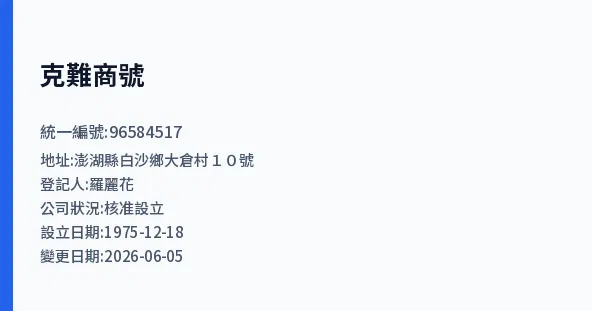 克難商號的照片-統編 96584517(澎湖縣) 公司登記資料與營業項目詳細圖表