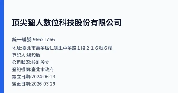 頂尖獵人數位科技股份有限公司的照片-統編 96621766(臺北市) 公司登記資料與營業項目詳細圖表