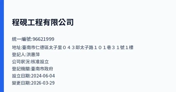 程硯工程有限公司的照片-統編 96621999(臺南市) 公司登記資料與營業項目詳細圖表