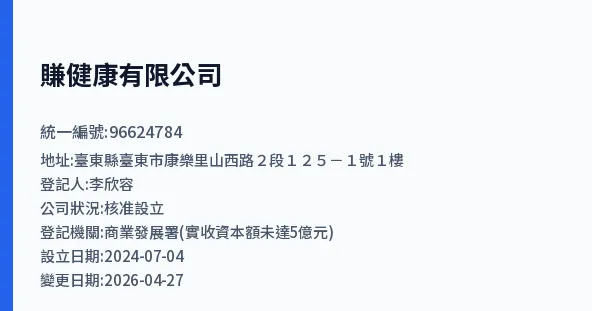 賺健康有限公司的照片-統編 96624784(臺東縣) 公司登記資料與營業項目詳細圖表