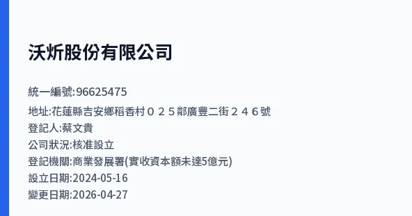 沃炘股份有限公司的照片-統編 96625475(花蓮縣) 公司登記資料與營業項目詳細圖表