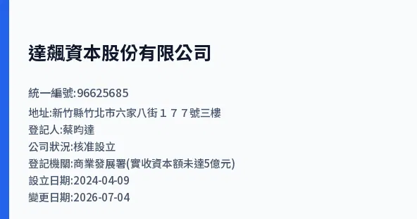 達飆資本股份有限公司的照片-統編 96625685(新竹縣) 公司登記資料與營業項目詳細圖表