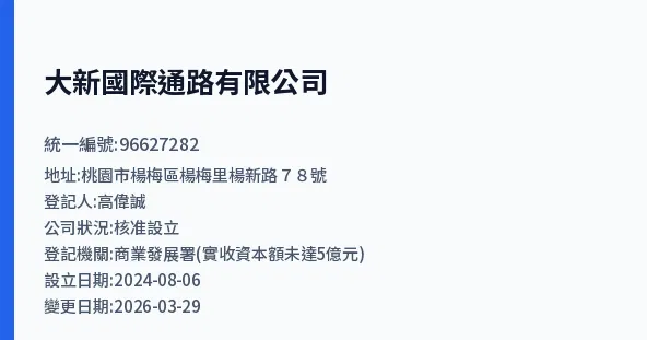 大新國際通路有限公司的照片-統編 96627282(桃園市) 公司登記資料與營業項目詳細圖表