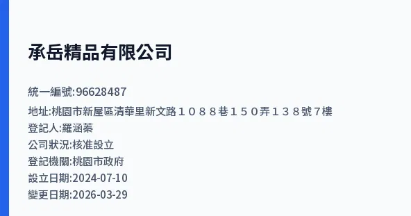 承岳精品有限公司的照片-統編 96628487(桃園市) 公司登記資料與營業項目詳細圖表