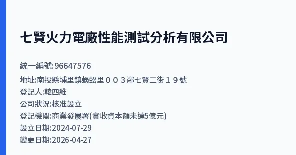 七賢火力電廠性能測試分析有限公司的照片-統編 96647576(南投縣) 公司登記資料與營業項目詳細圖表