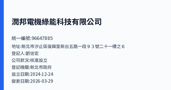 潤邦電機綠能科技有限公司的照片-統編 96647885(新北市) 公司登記資料與營業項目詳細圖表