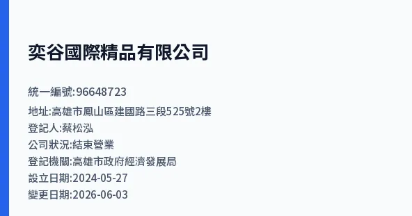 奕谷國際精品有限公司的照片-統編 96648723(高雄市) 公司登記資料與營業項目詳細圖表