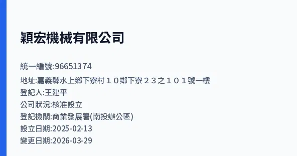 穎宏機械有限公司的照片-統編 96651374(嘉義縣) 公司登記資料與營業項目詳細圖表