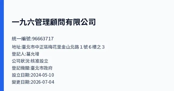 一九六管理顧問有限公司的照片-統編 96663717(臺北市) 公司登記資料與營業項目詳細圖表