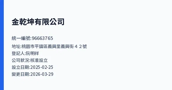 金乾坤有限公司的照片-統編 96663765(桃園市) 公司登記資料與營業項目詳細圖表