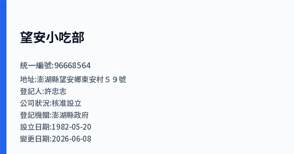 望安小吃部的照片-統編 96668564(澎湖縣) 公司登記資料與營業項目詳細圖表
