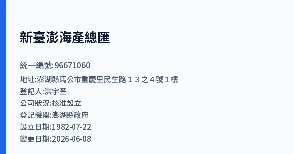 新臺澎海產總匯的照片-統編 96671060(澎湖縣) 公司登記資料與營業項目詳細圖表