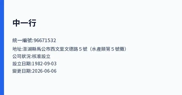 中一行的照片-統編 96671532(澎湖縣) 公司登記資料與營業項目詳細圖表