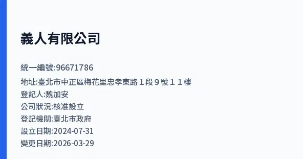 義人有限公司的照片-統編 96671786(臺北市) 公司登記資料與營業項目詳細圖表