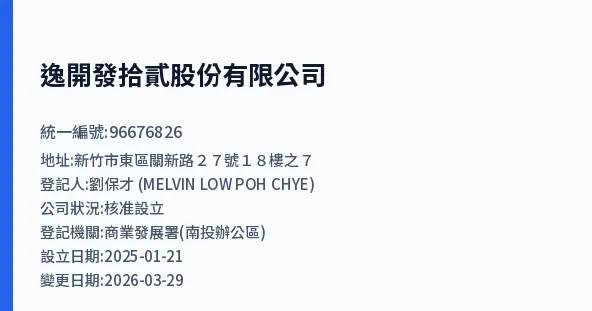 逸開發拾貳股份有限公司的照片-統編 96676826(新竹市) 公司登記資料與營業項目詳細圖表