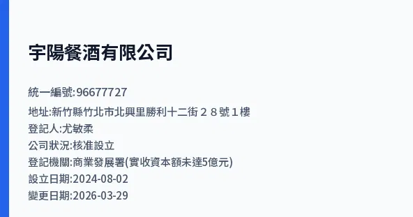 宇陽餐酒有限公司的照片-統編 96677727(新竹縣) 公司登記資料與營業項目詳細圖表