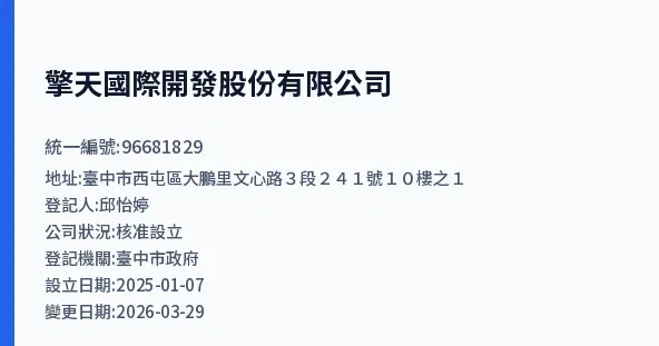 擎天國際開發股份有限公司的照片-統編 96681829(臺中市) 公司登記資料與營業項目詳細圖表