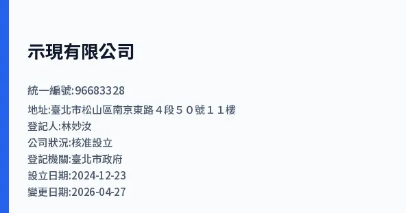 示現有限公司的照片-統編 96683328(臺北市) 公司登記資料與營業項目詳細圖表