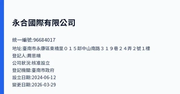 永合國際有限公司的照片-統編 96684017(臺南市) 公司登記資料與營業項目詳細圖表