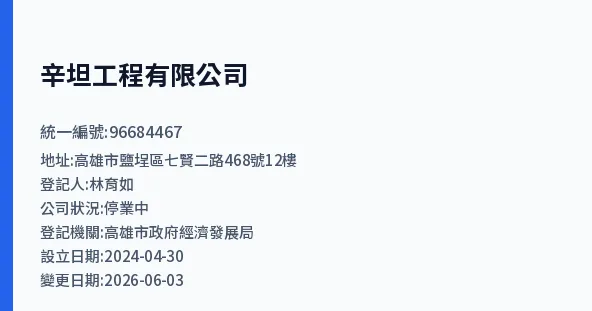 辛坦工程有限公司的照片-統編 96684467(高雄市) 公司登記資料與營業項目詳細圖表