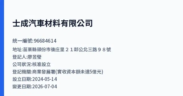 士成汽車材料有限公司的照片-統編 96684614(苗栗縣) 公司登記資料與營業項目詳細圖表