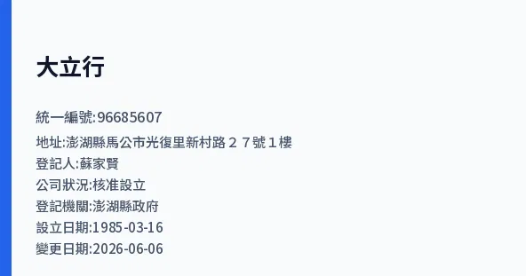 大立行的照片-統編 96685607(澎湖縣) 公司登記資料與營業項目詳細圖表