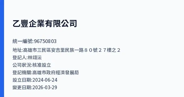 乙豐企業有限公司的照片-統編 96750803(高雄市) 公司登記資料與營業項目詳細圖表